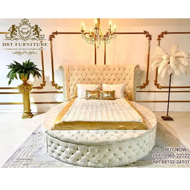 Modern Teak Wood King Size Round Upholstered Bed Queen Size Hand Carved ...