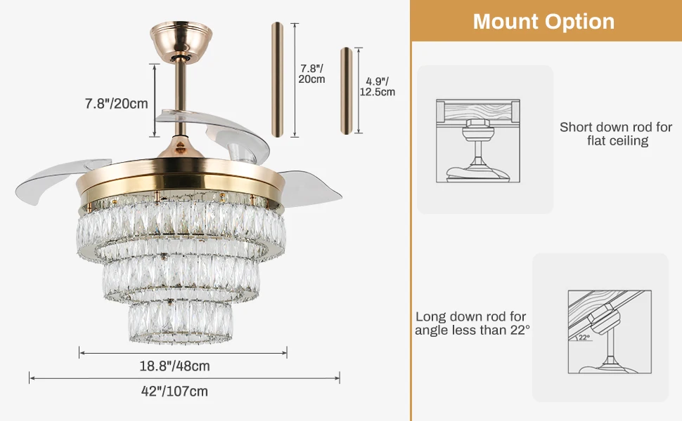 42'' Dimmable Fandeliers Crystal Ceiling Fan with Lights APP and Remote Control, LED Crystal ...