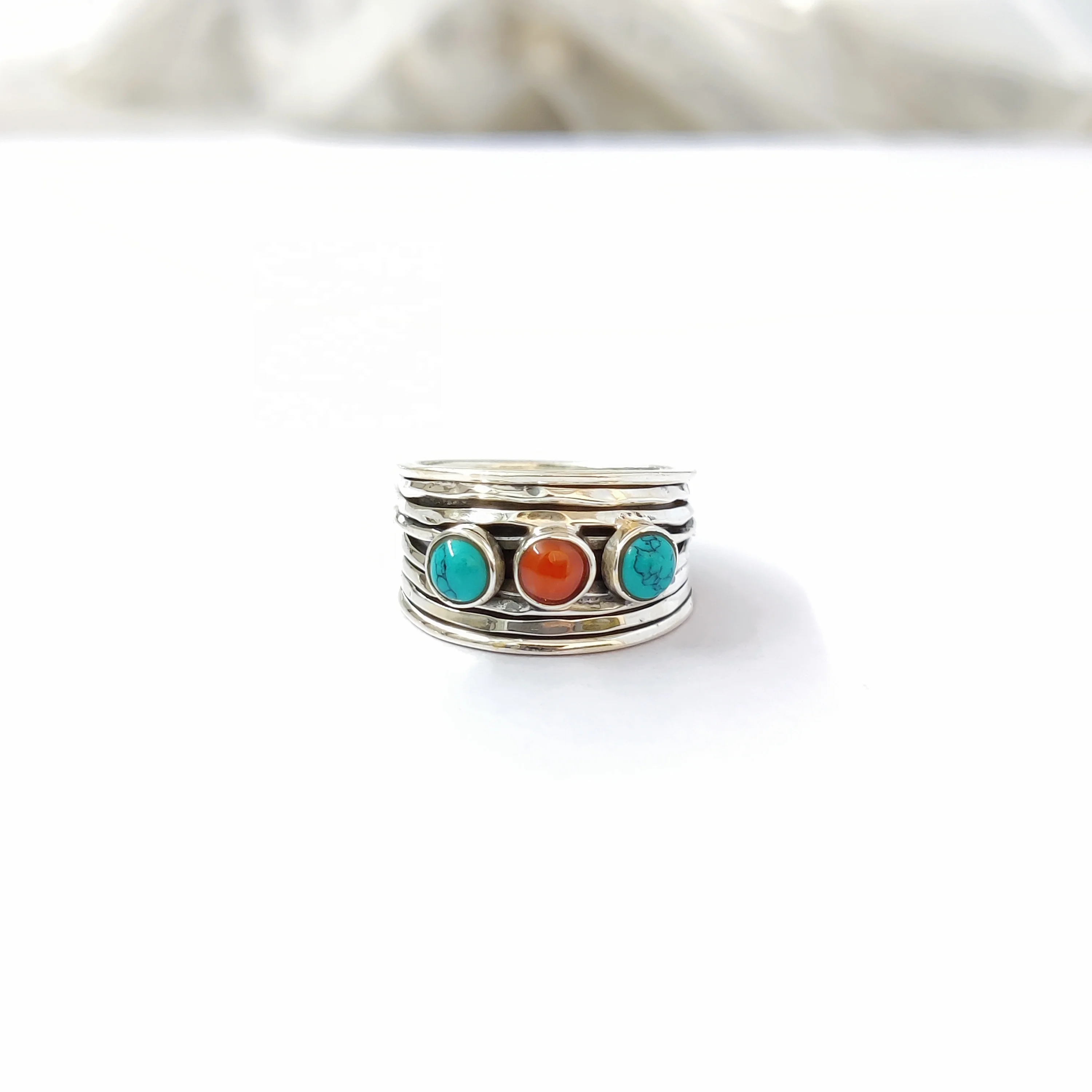 Tibetan Nepali Turquoise Coral Ring - Bohemian Silver