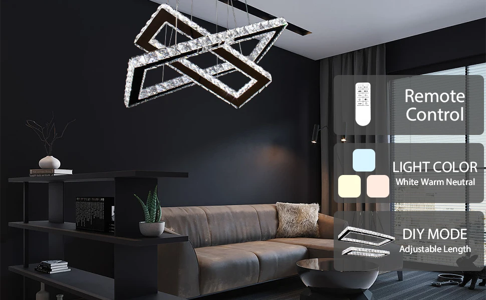 Modern Dimmable Rectangular Crystal Chandelier 2 Rings LED Ceiling ...