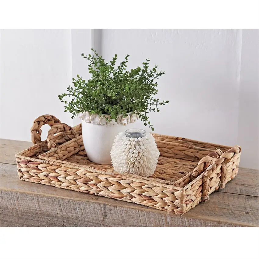 Natural Water Hyacinth Rectangular Shallow Storage Basket Tray Small ...