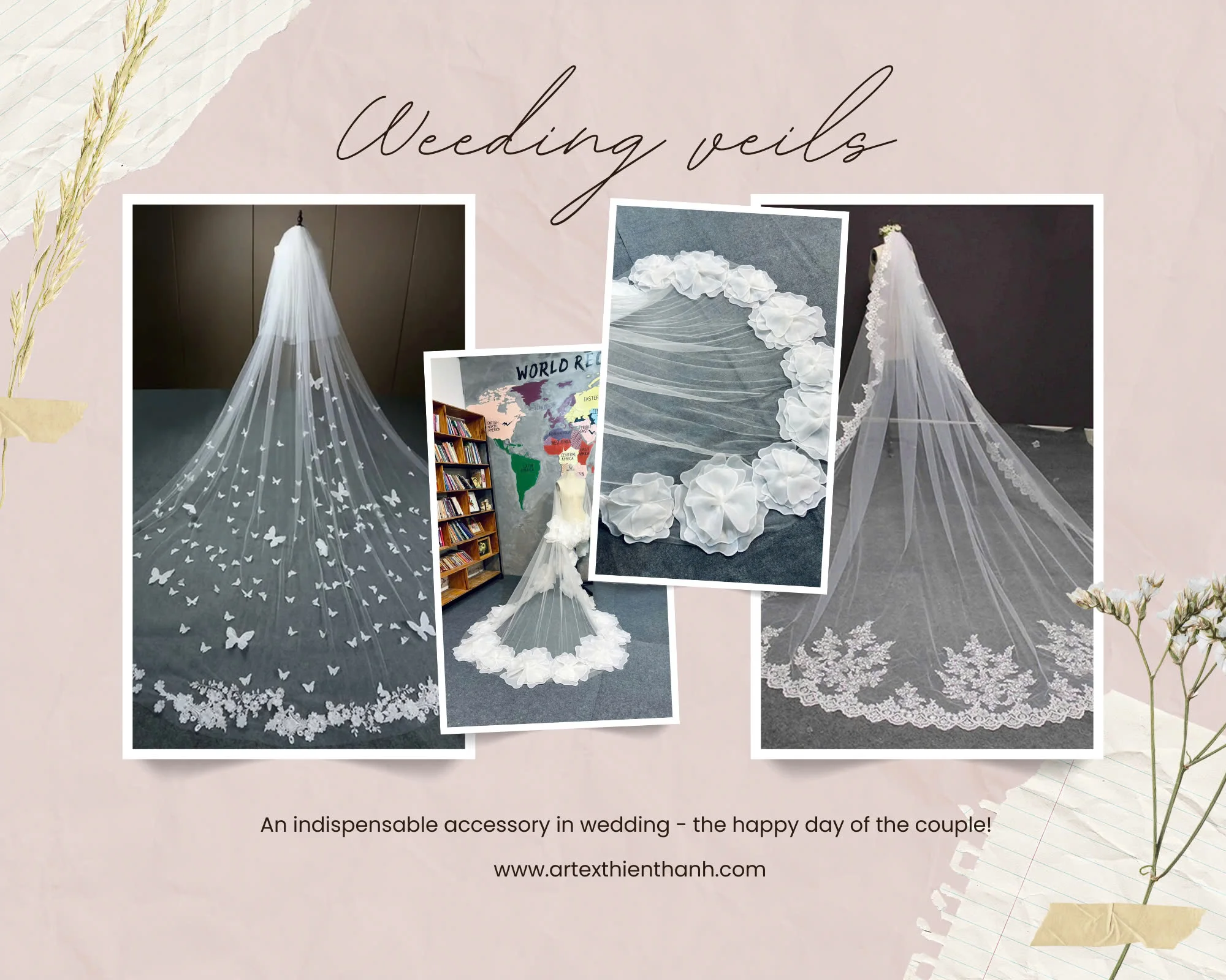 Elegant Handmade Wedding Veil with 3D Flowers & Soft Tulle