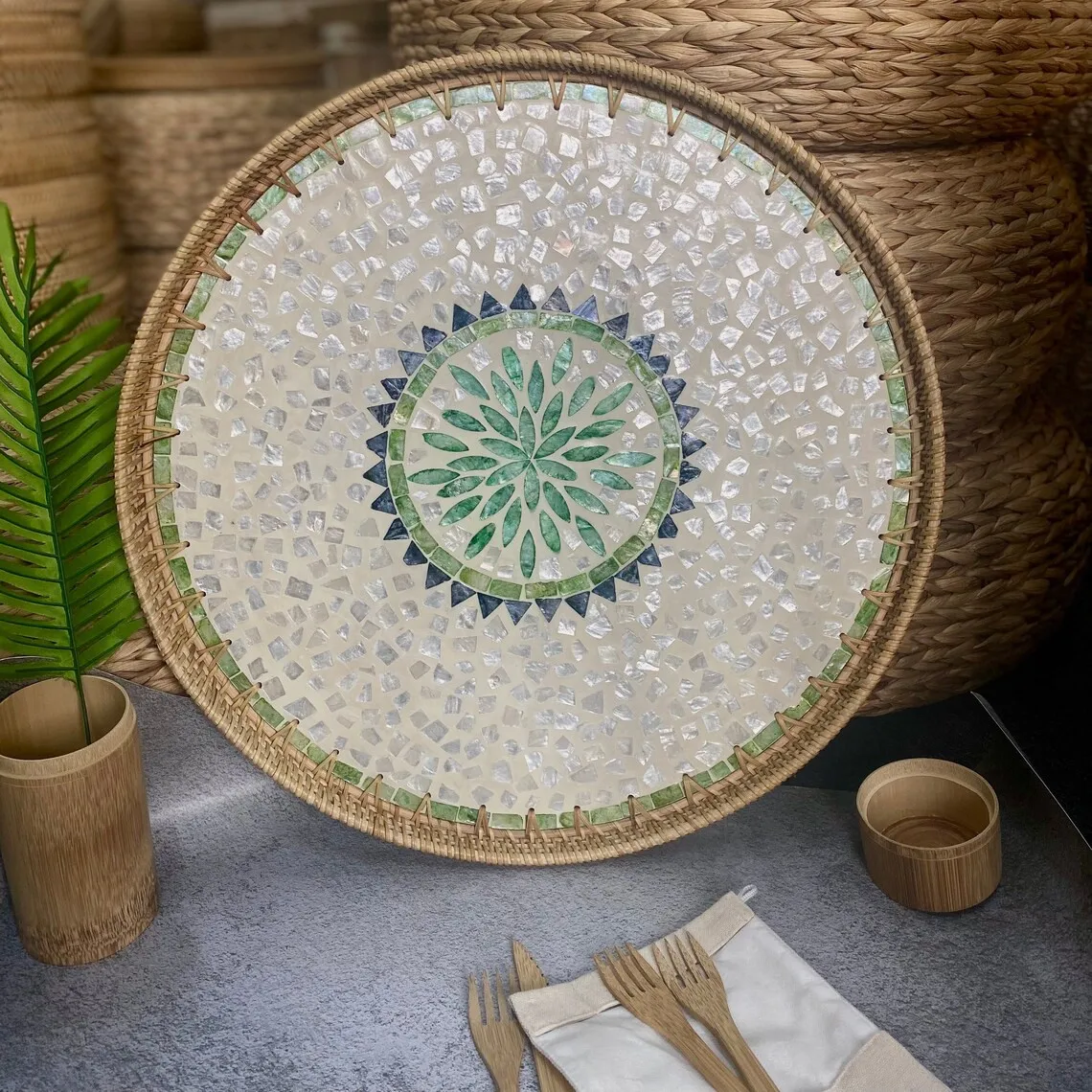 Handwoven Rattan Sea Shell Serving Tray Coastal Decor Platter For Beach ...