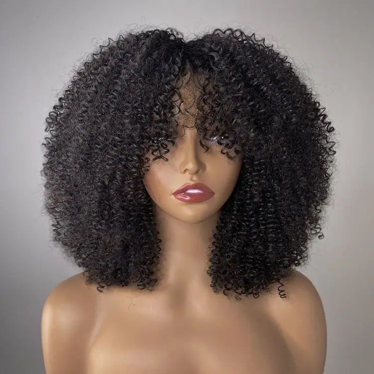 Kinky Curly Bob Wigs With Bangs For Black Women Virgin Human Hair Short ...