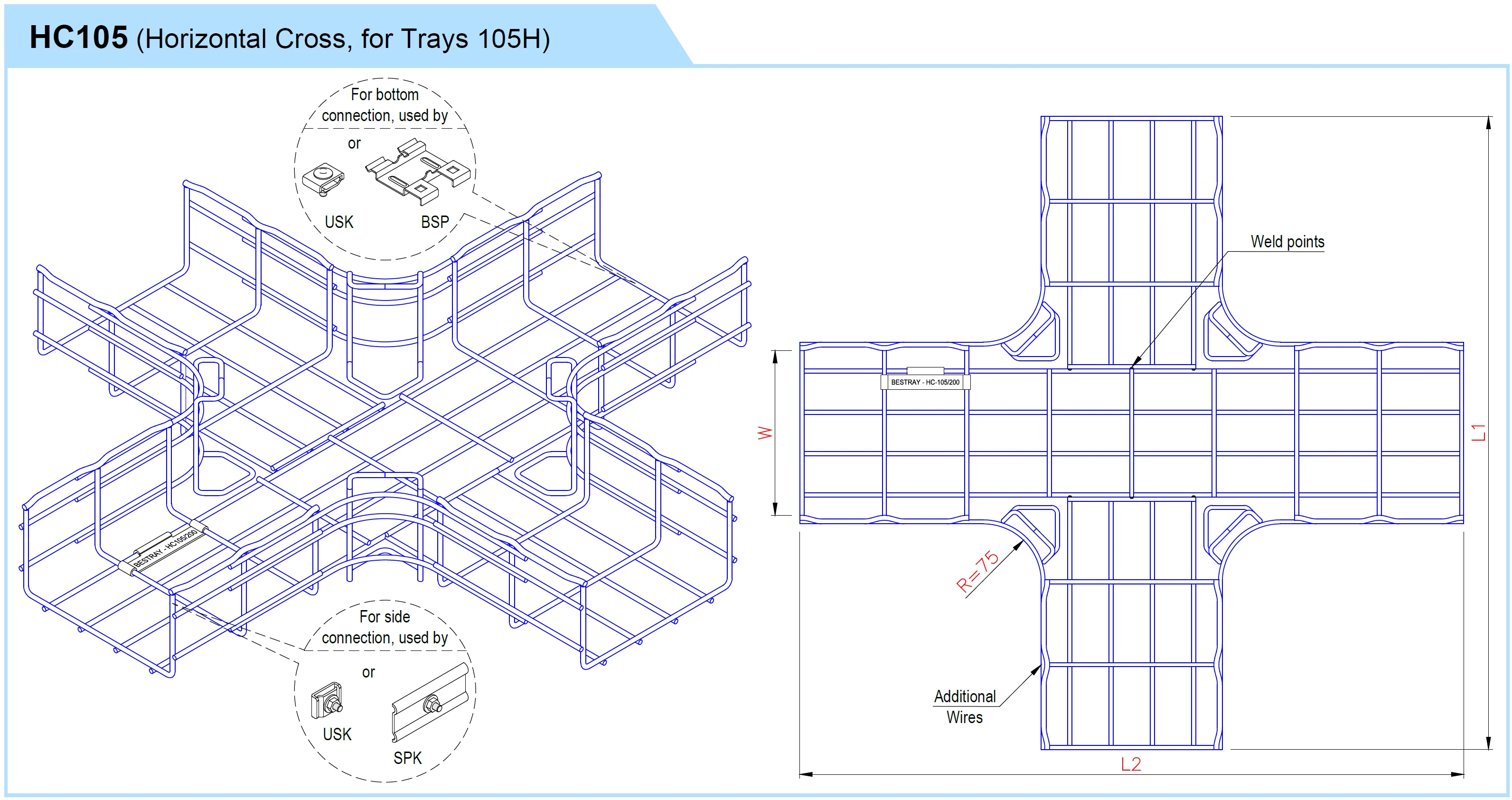 Bestray 105mm Height Cable Tray 304 Inox Horizontal Cross Steel PVC ...