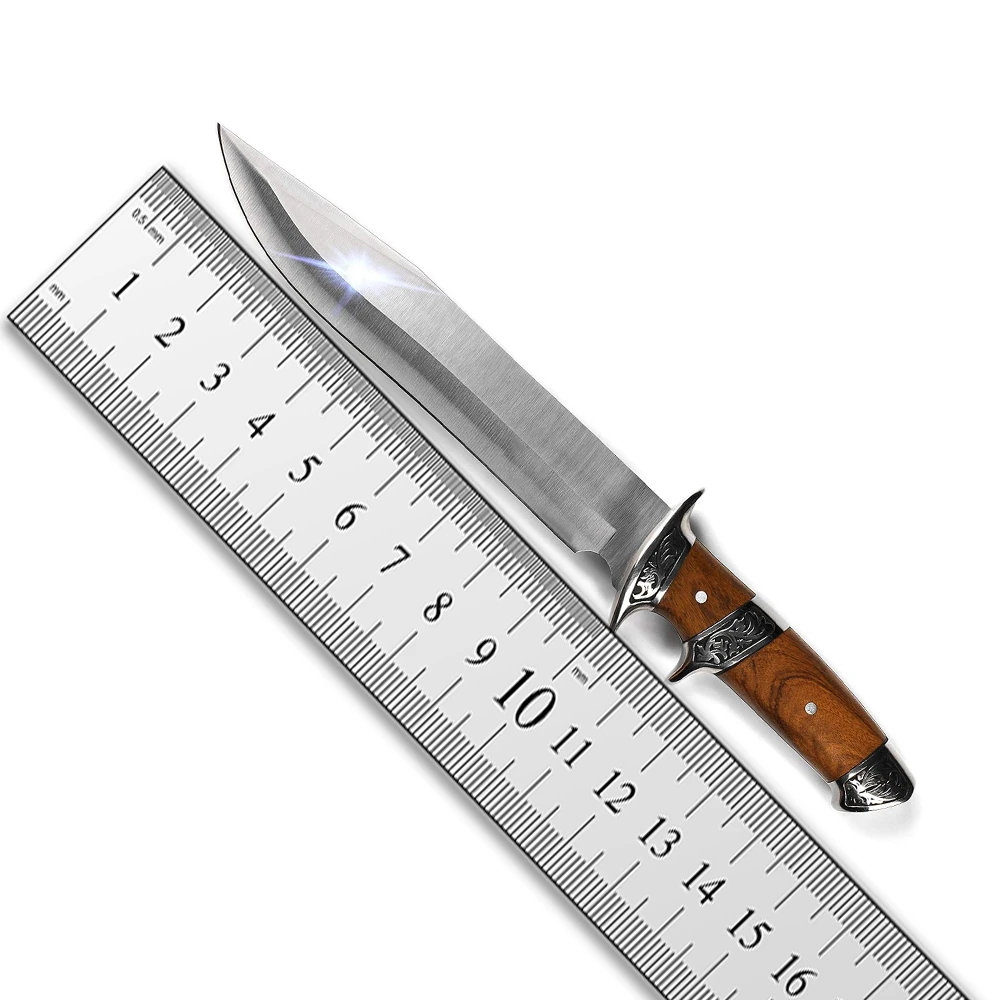 Hand Crafted Fixed Blade Knife Damascus Steel Hunting Knife with Rose Wood Handle and Cow Hide ...