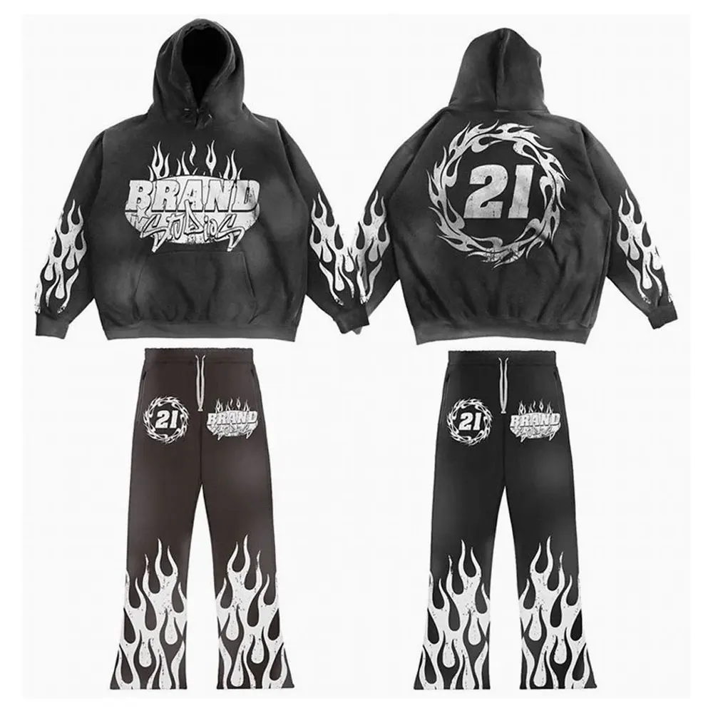 Screen Print Acid Wash Sweat Suit Sun Faded Tracksuit For Men Custom ...