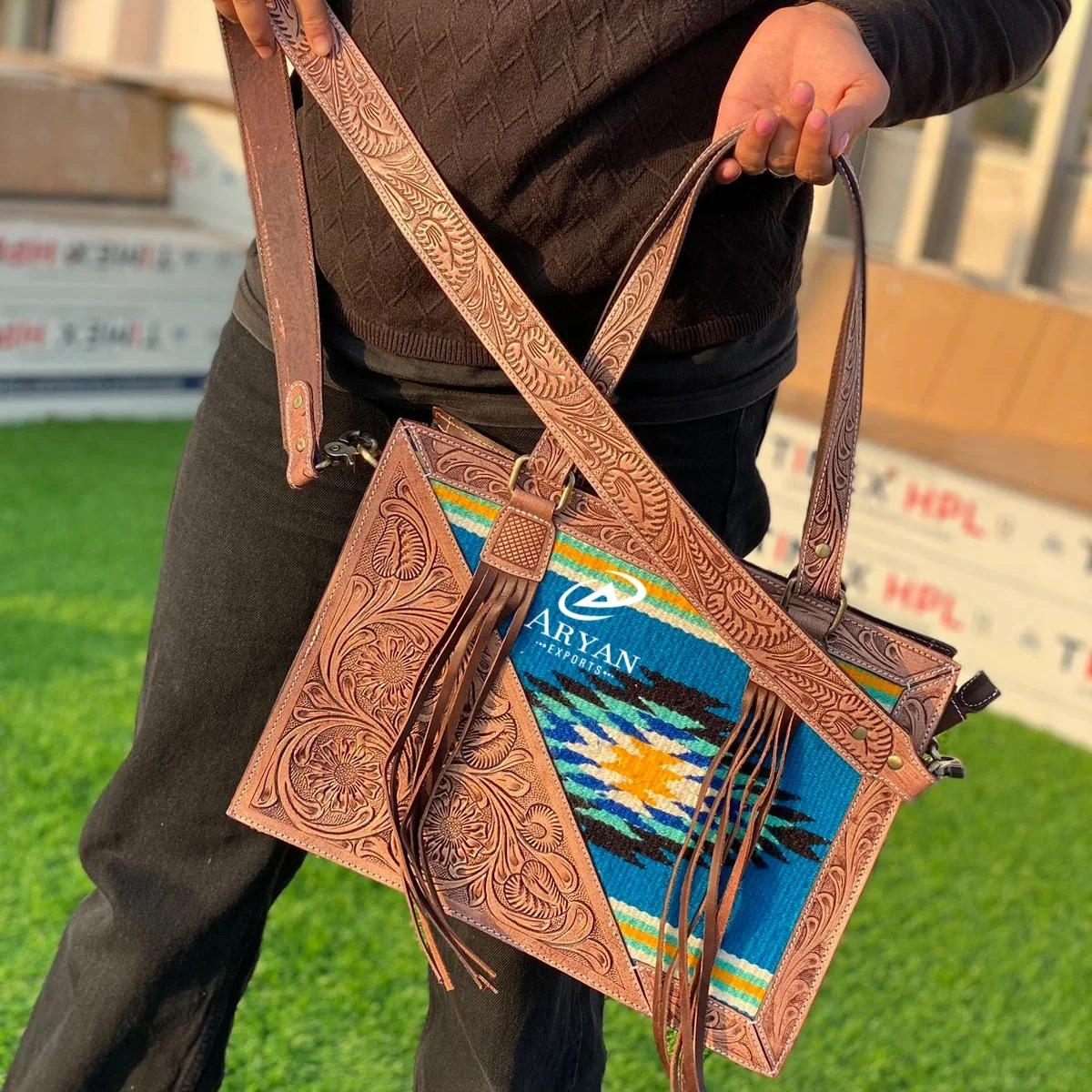 New Real Hand Tooled Aztec Leather Tassel Tote Bag Women Stylish ...