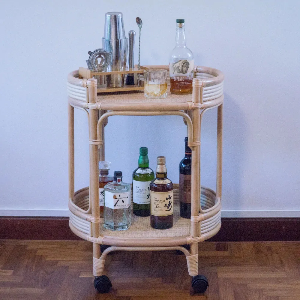 Round Rattan Bar Carts Drink Trolley 2 Tier Bar And Drinks Cart Trolley ...