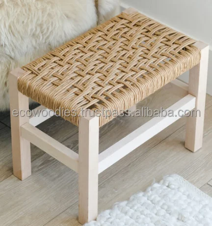 Handmade Rattan Wooden Woven Ottoman Stool Macrame Knitted Foot Rest ...