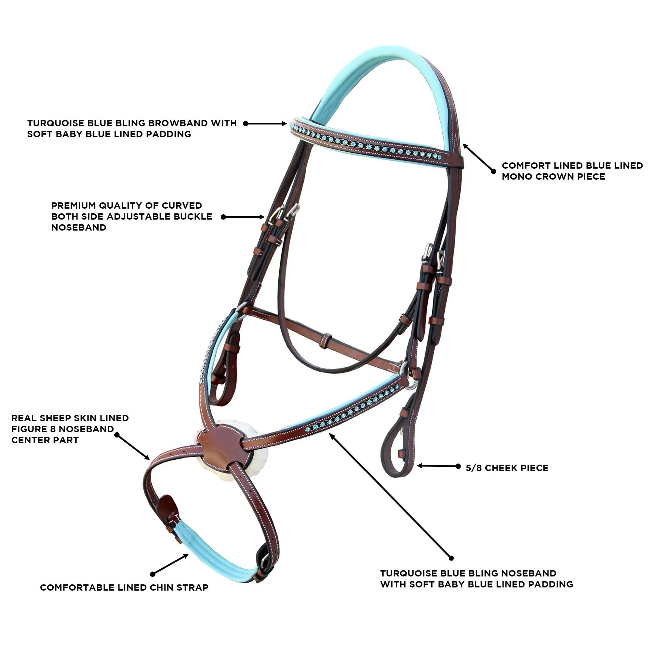 Luxury Premium Blue Crystals Jumping Bridle Soft Padded Figure 8 Top ...