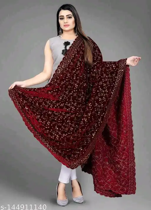 Purple Sequence Embroidery Indian Pakistani Traditional Velvet Dupatta ...