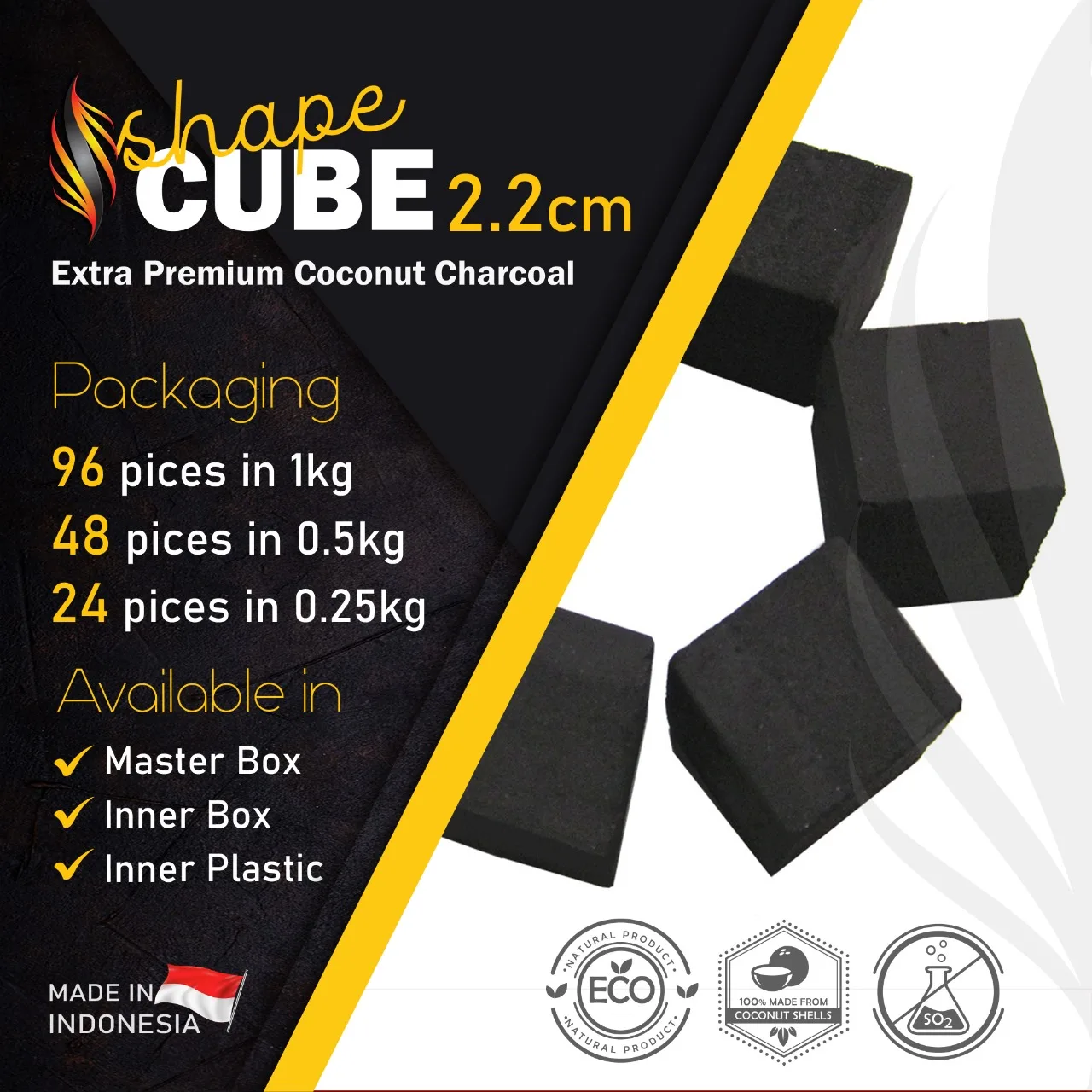 Low Ash Cube Coconut Charcoal Bbq Hooka Multi Size High Carbon Content ...