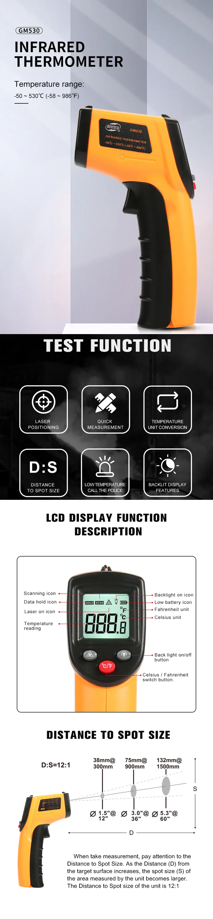 BENETECH GM530 IR Digital Industrial Thermometer - Accurate & Reliable