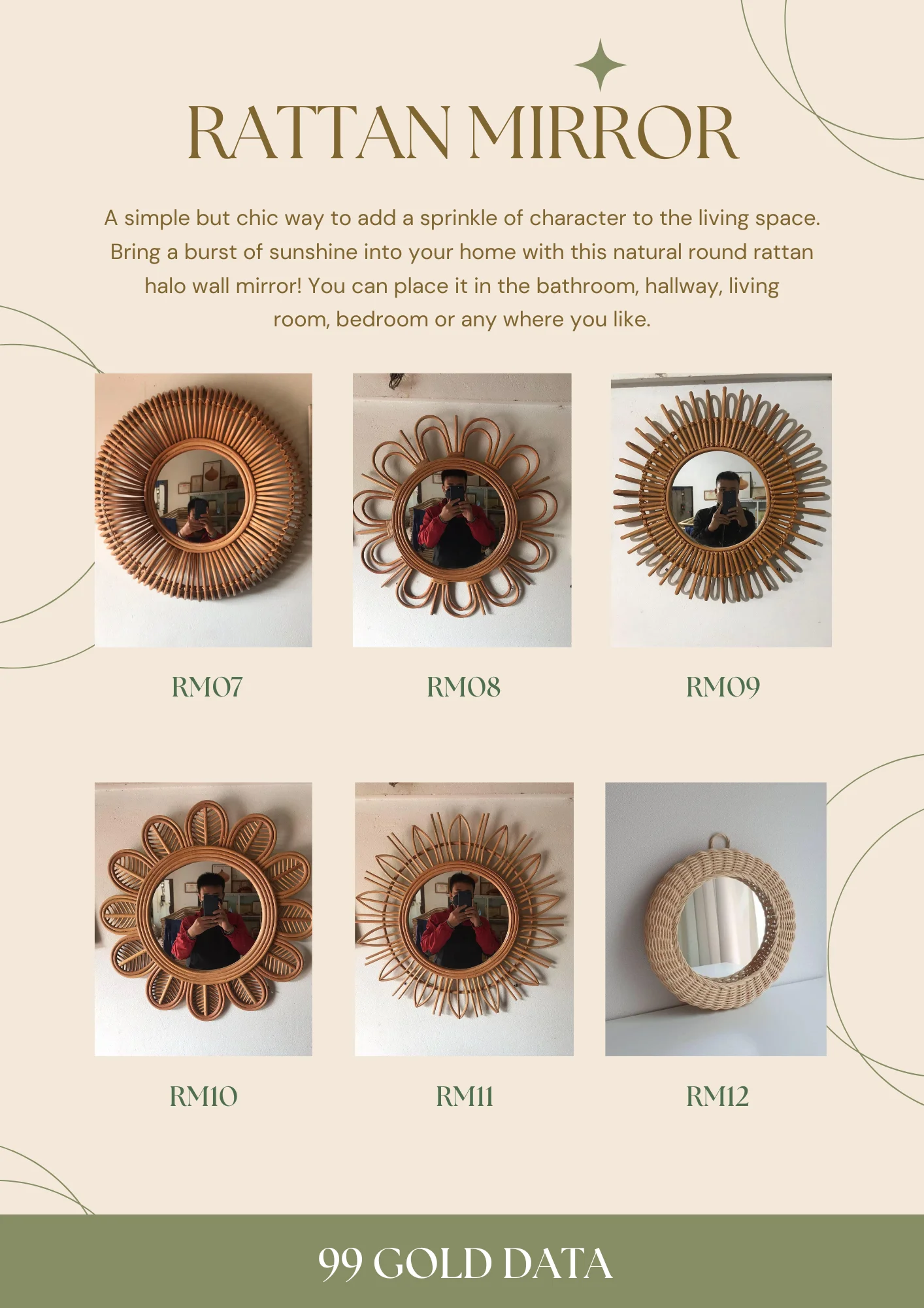 Vintage Living Room Bathroom Rattan Frame Wall Mirror Decoration Set ...