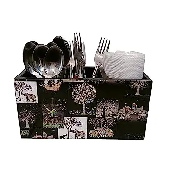 Tissue Paper Dispense Wooden 3 Compartment Flatware Utensil King Holder ...