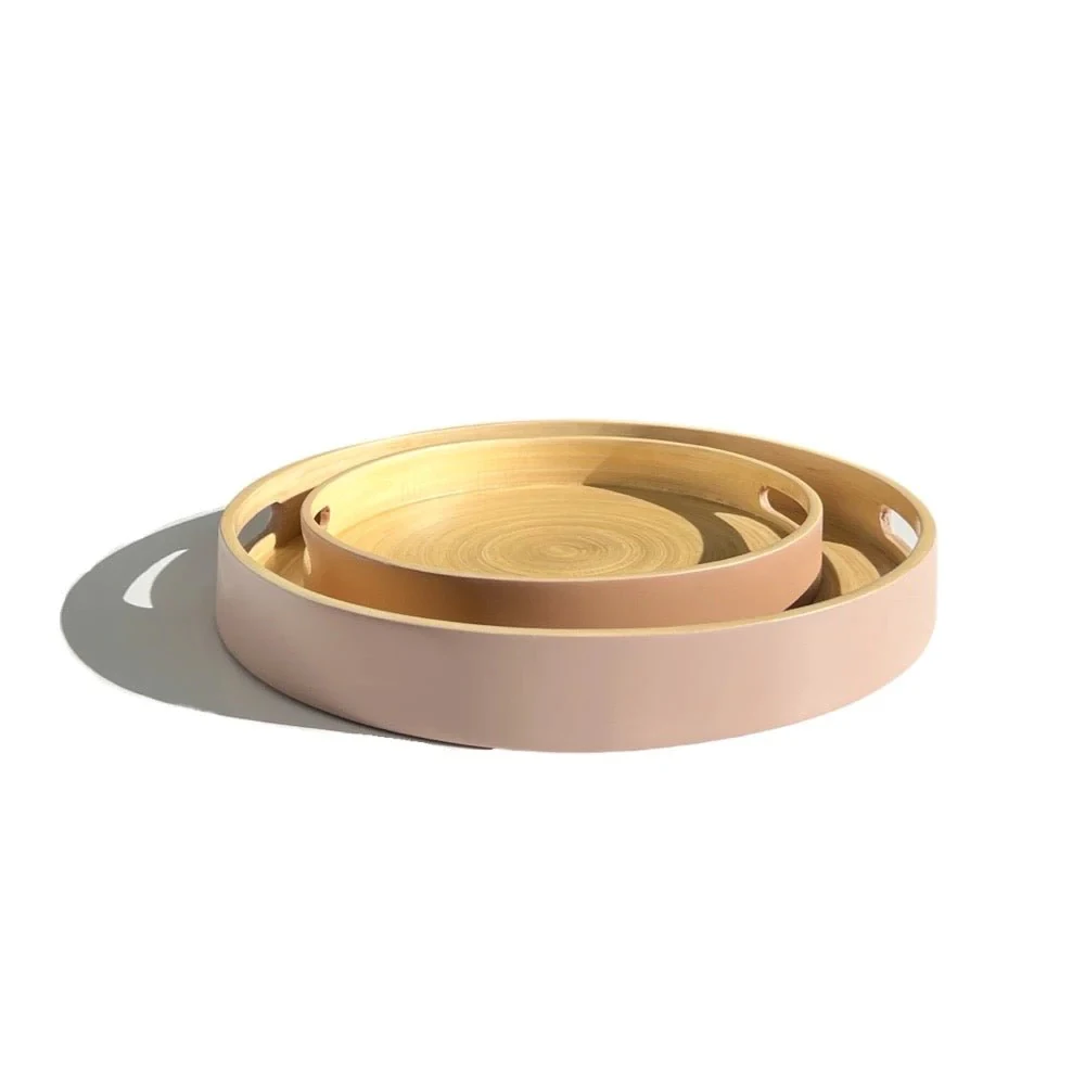 Set Of 2 Round Spun Bamboo Tray For Serving Food Pastel Color ...