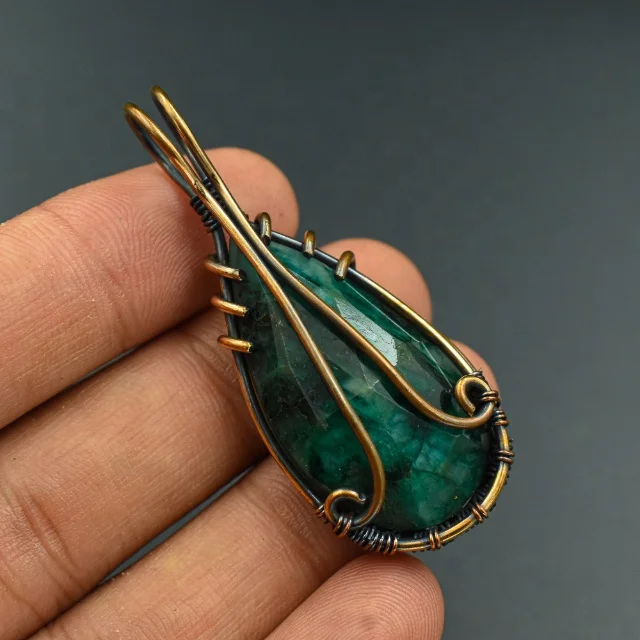 Emerald Gemstone Copper Wire Wrapped Pendant Fashion Jewelry Designer ...