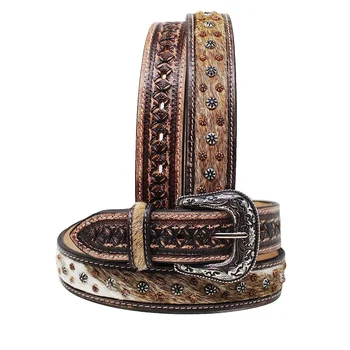 Cowhide Hair On Leather Cowboy & Cowgirl Belt With Hand Tooling & Stud ...