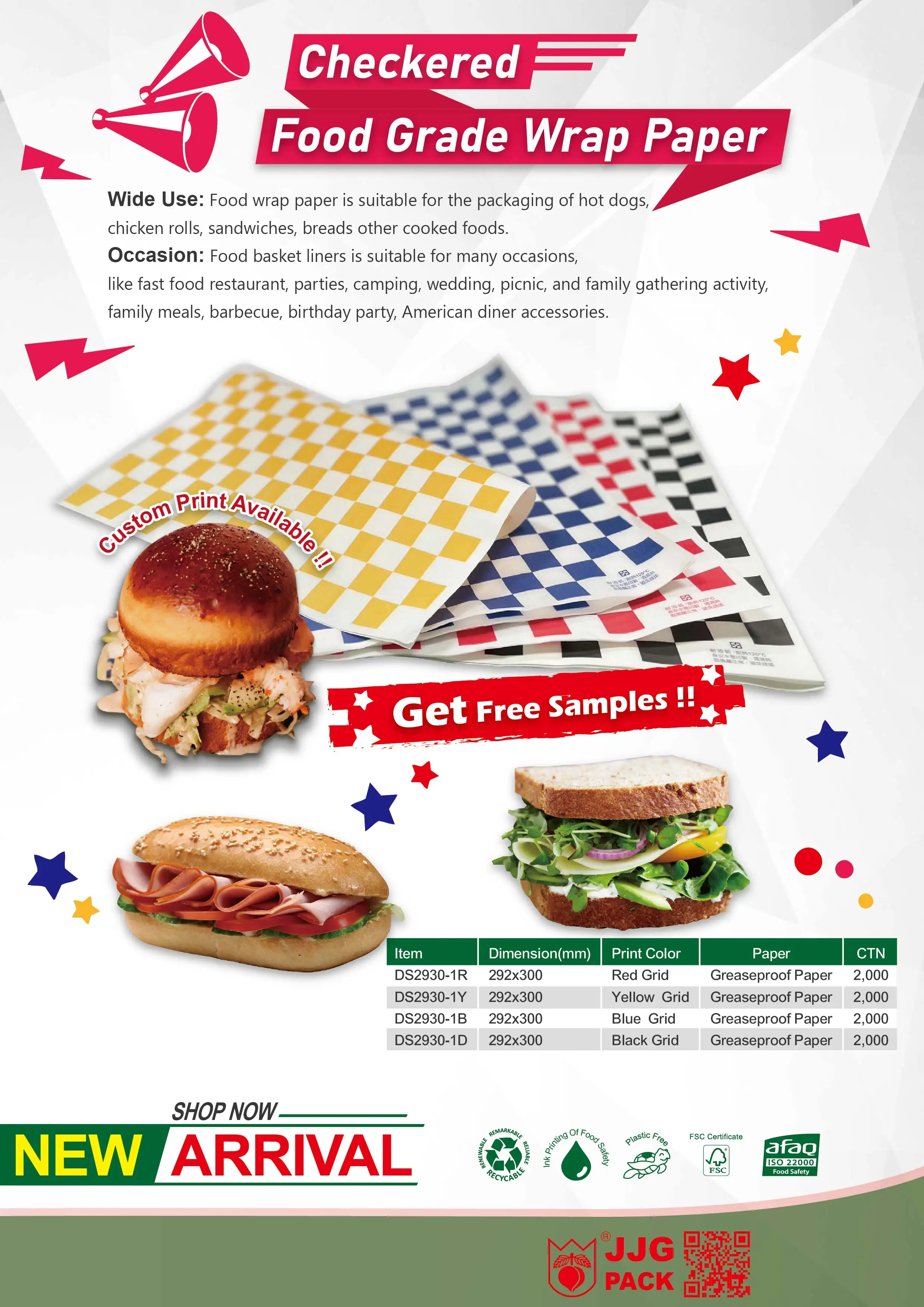 Custom Greaseproof Sandwich Paper Food Grade Checkered Paper Sheets ...