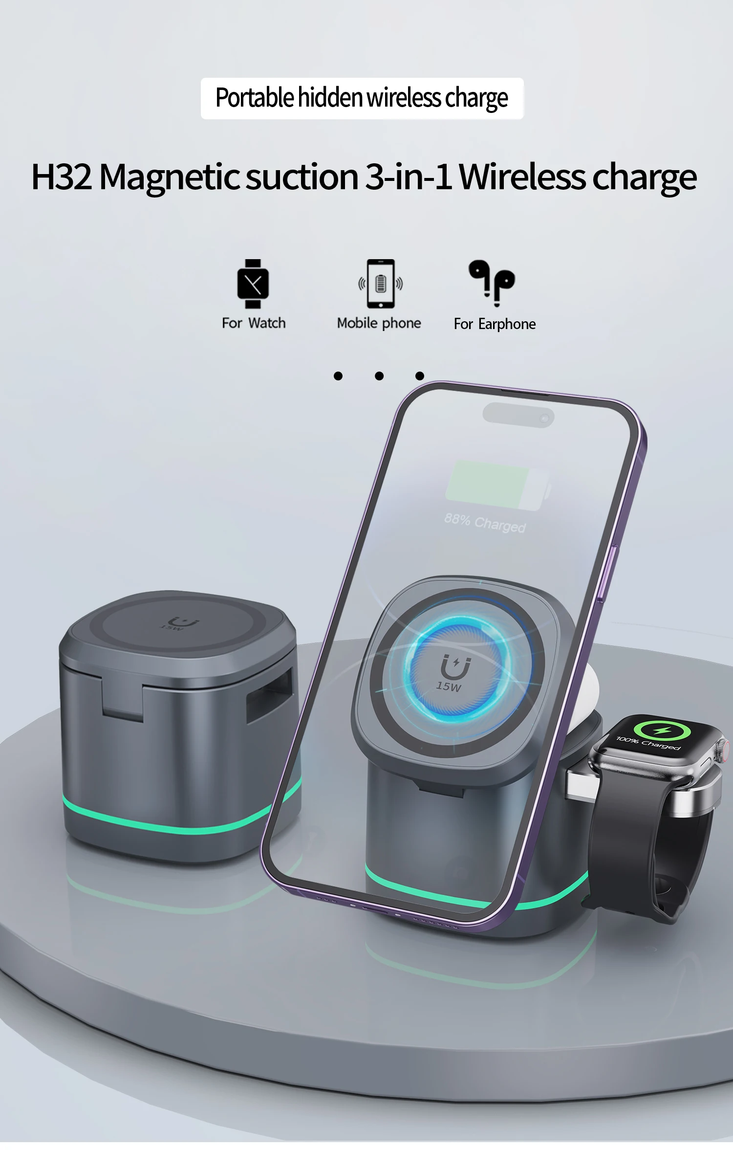 3 In 1 Magnetic Wireless Cube Charger,Mag-safe Compatible,15w Fast ...