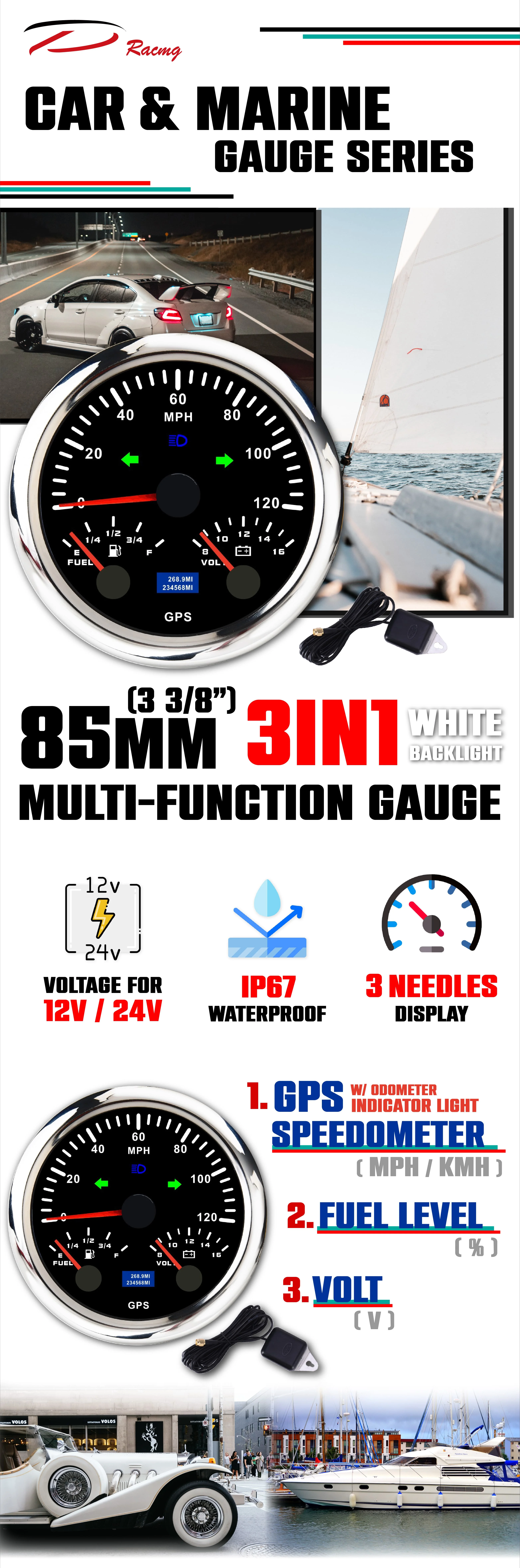 85mm Electrical Gps Speedometer Fuel Level Volt Indicator Light ...
