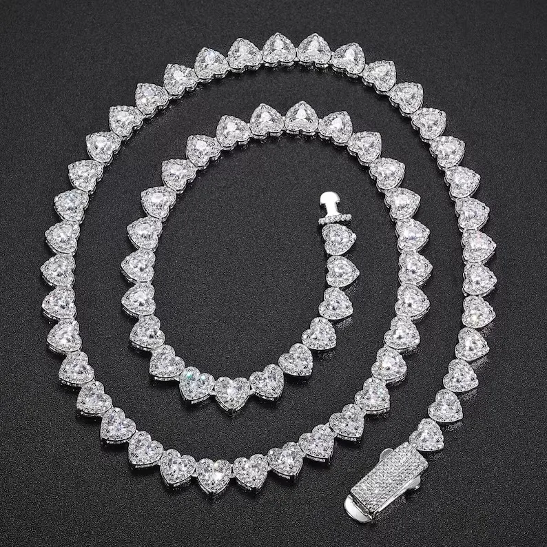 Fully Iced Out Heart Cut Moissanite Diamond Tennis Chain Necklace ...