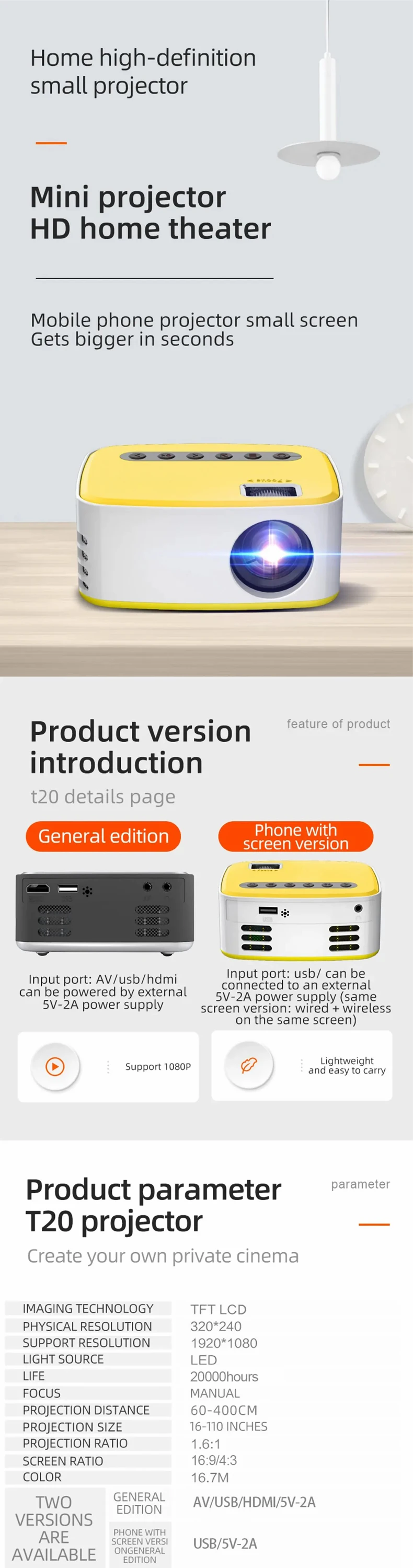 T20 Portable Projector Large Screen Picture Decoding Support 1080p Home ...