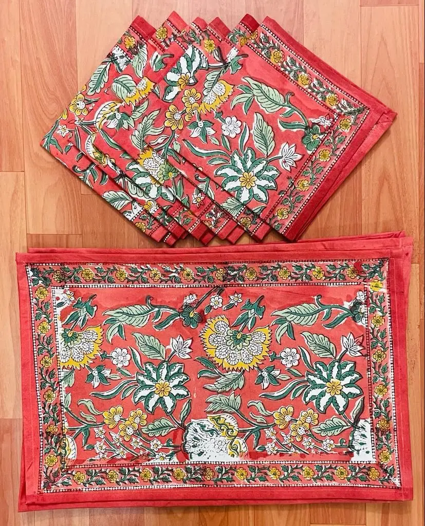 Hand Block Printed Cotton Place Mats Set With Napkins For Dinning ...
