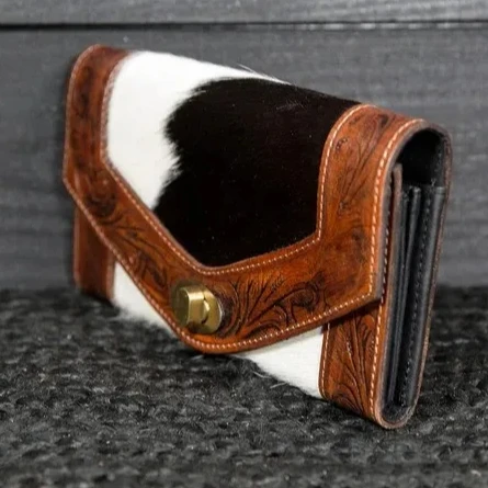 Hand Tooled Carving Wallet Clutch Phone Case Stylish Cowhide Fur Wallet ...