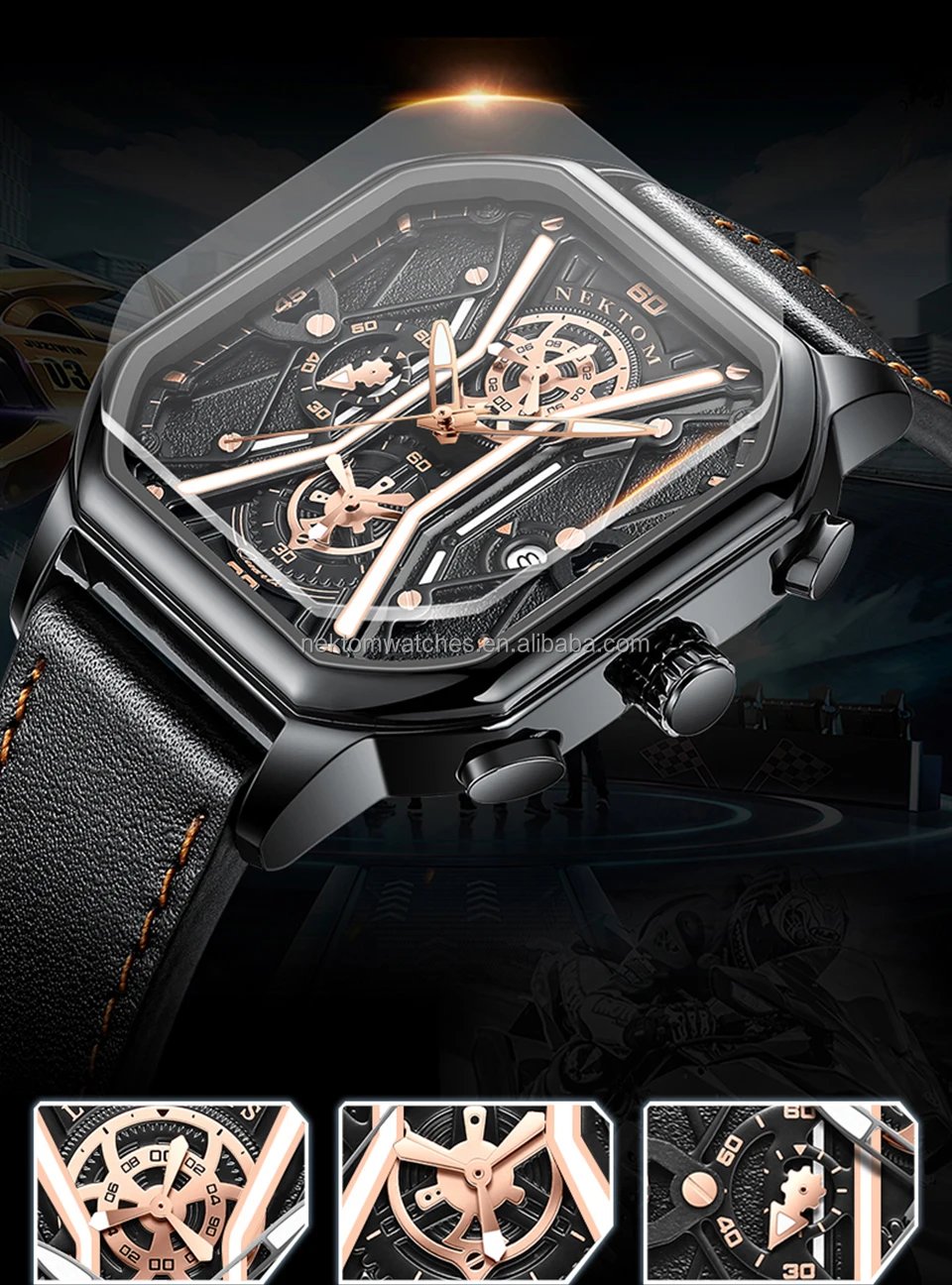 Nektom 2022 Square Quartz Watch Sport Watches Waterproof Leather Strap ...