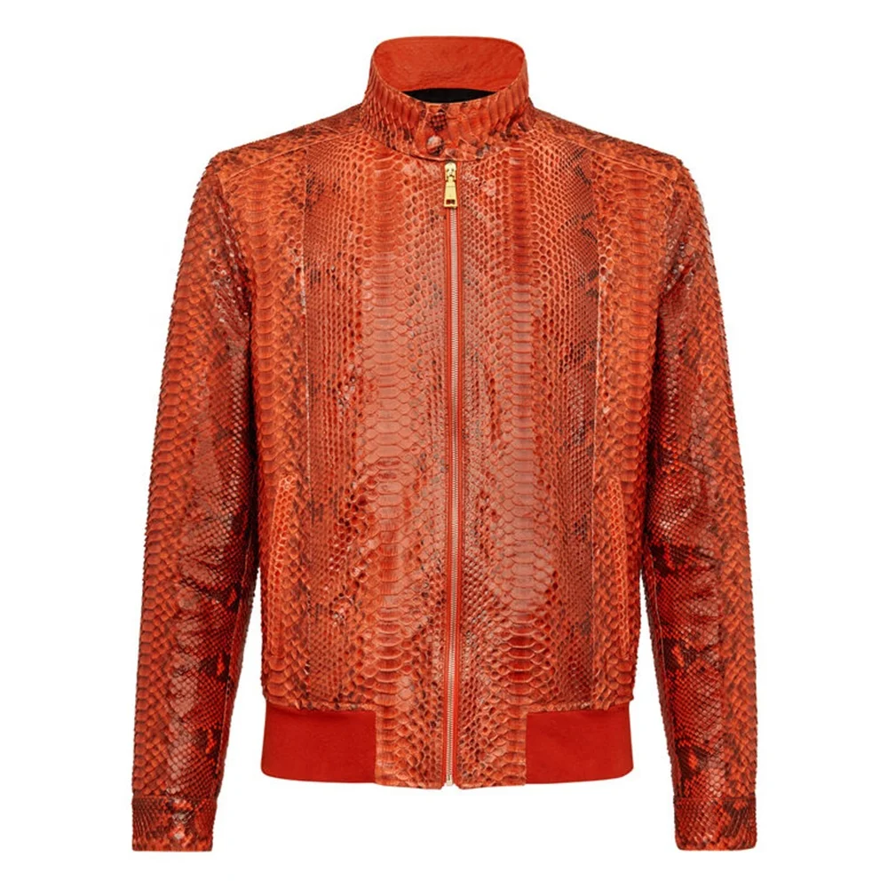 Men's Red Leather Bomber Jacket New Python Texture Embossed Leather ...