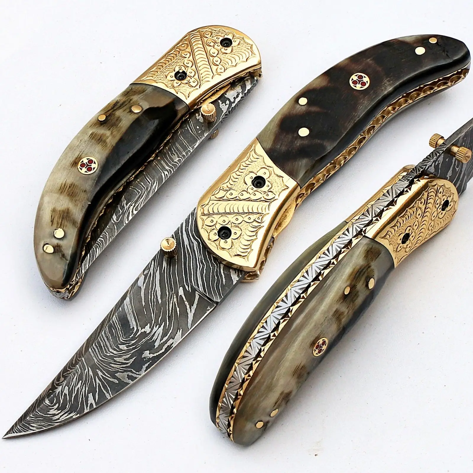 Damascus Custom Handmade Folding Knife Ram Horn Handle Pocket Knife ...