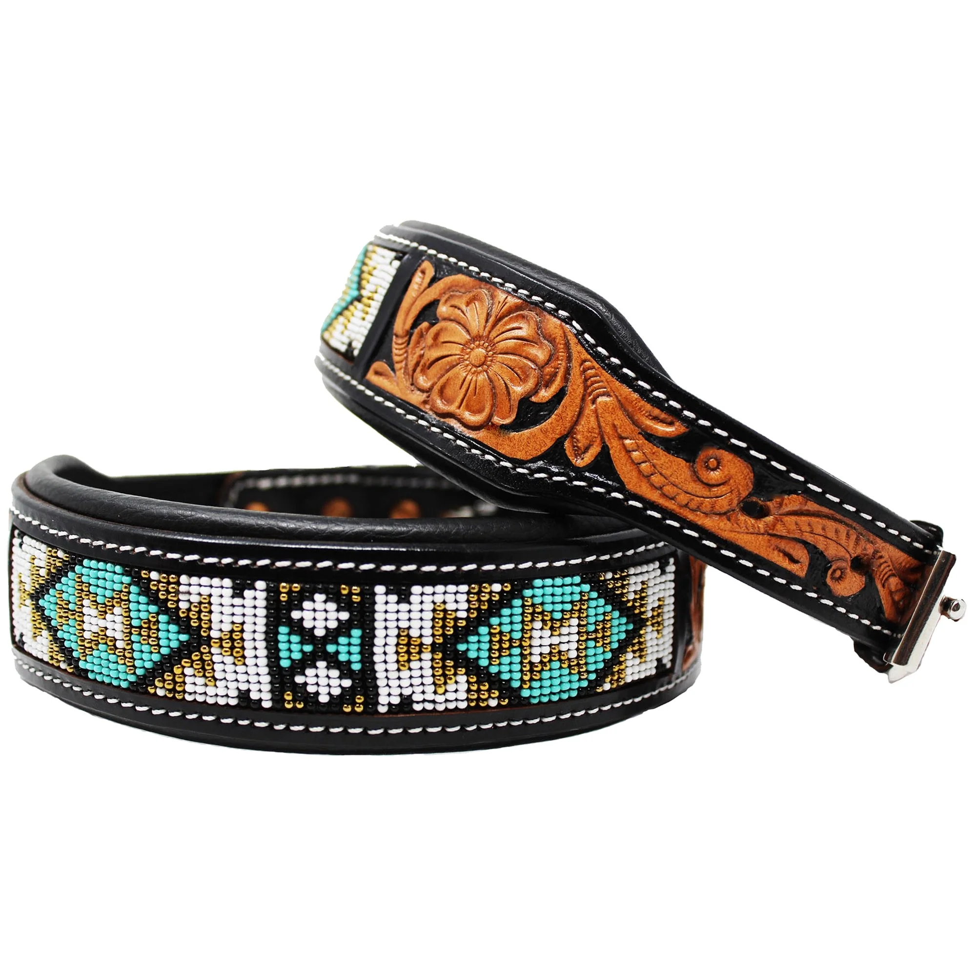Best Indian Pet Cow Leather Soft Padded Colorful Beaded Dog Collar With ...