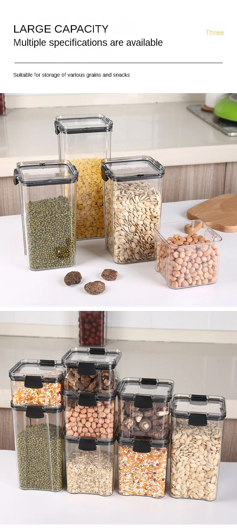 Different Capacity Plastic Sealed Cans Kitchen Storage Box Transparent ...