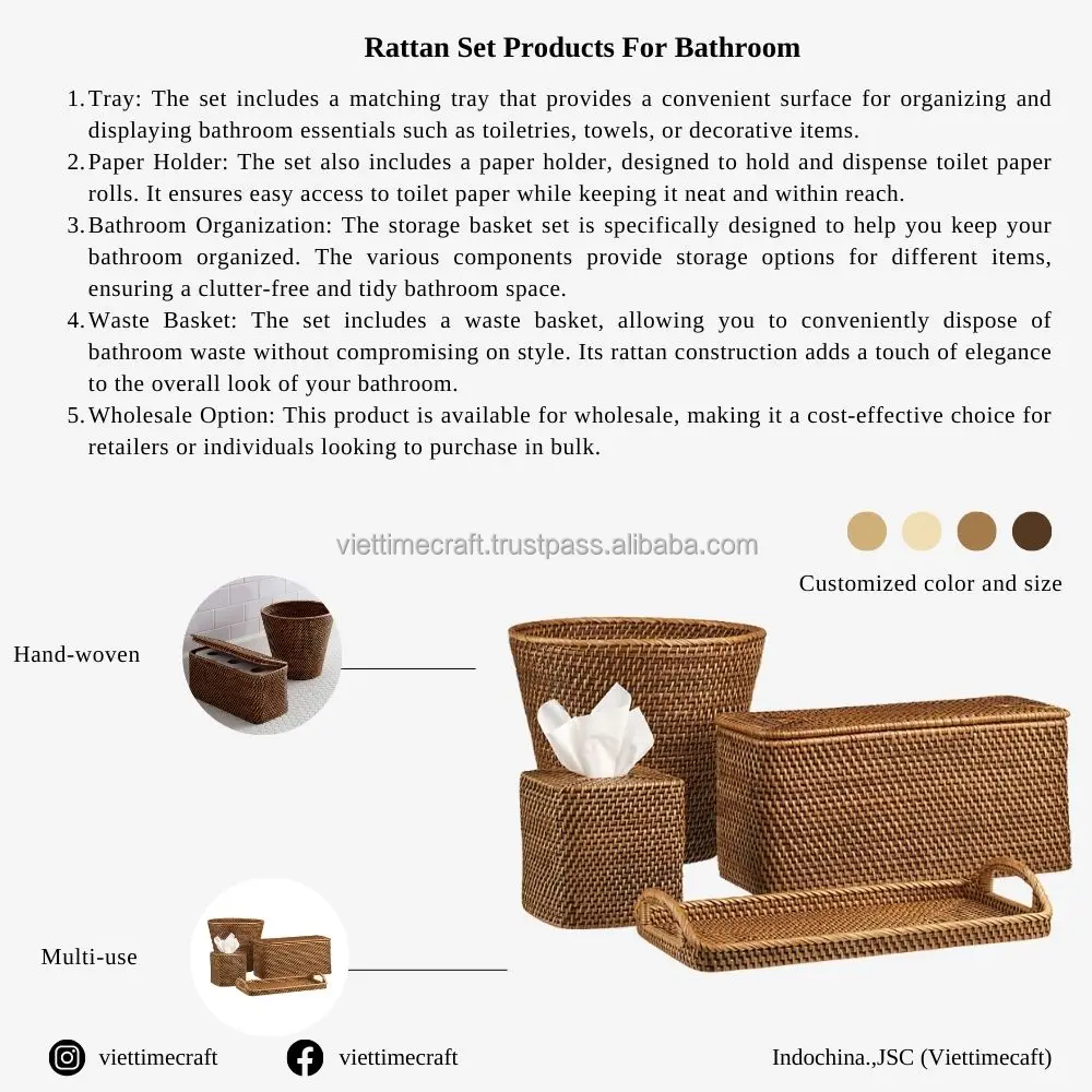 Honey Brown Rattan Bathroom Storage Basket Set With Tray,Paper Holder ...