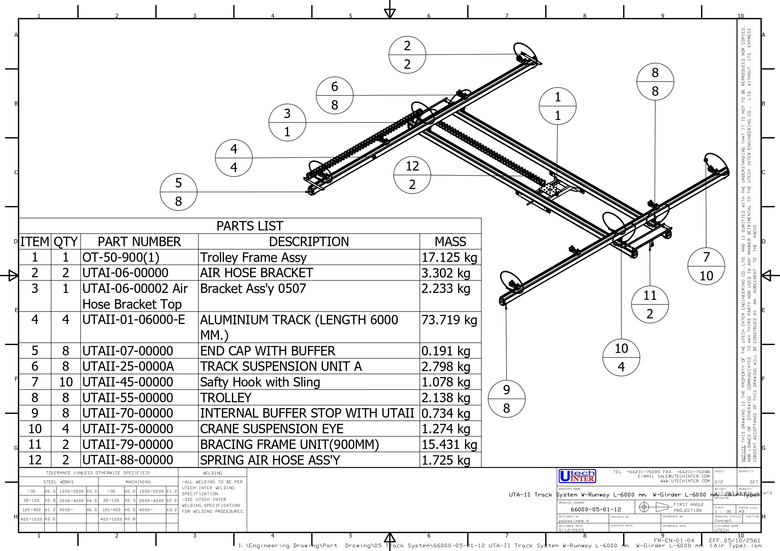 Aluminum Track System Uta-ii W-runway L-6000mm.w-girder L-6000mm. (air ...