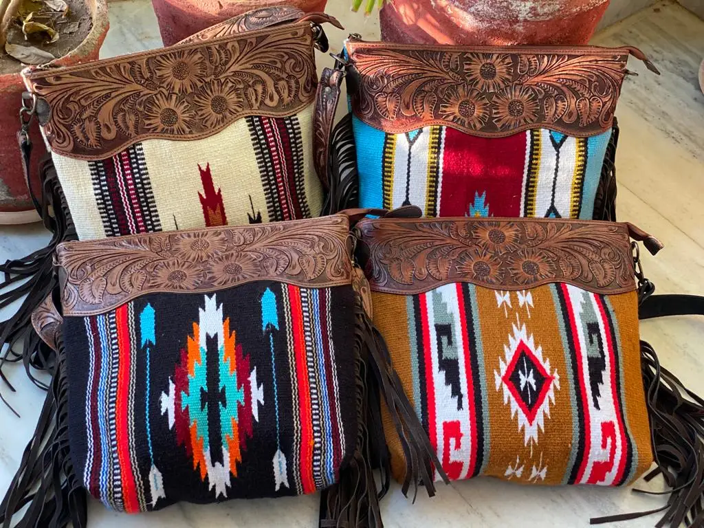 Fashionable Western Aztec Tooled Leather Bag Vintage Multi Color ...