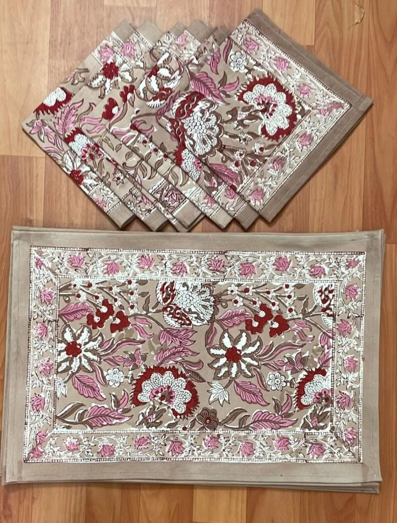 Hand Block Printed Cotton Place Mats Set With Napkins For Dinning ...