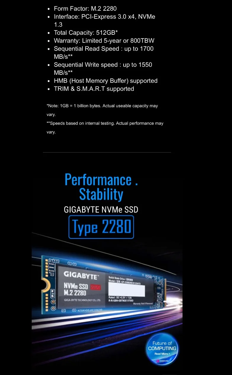 Gigabyte Nvme Ssd 128gb 256gb 512gb Gsm2ne3512gntd / Gsm2ne3256gntd ...