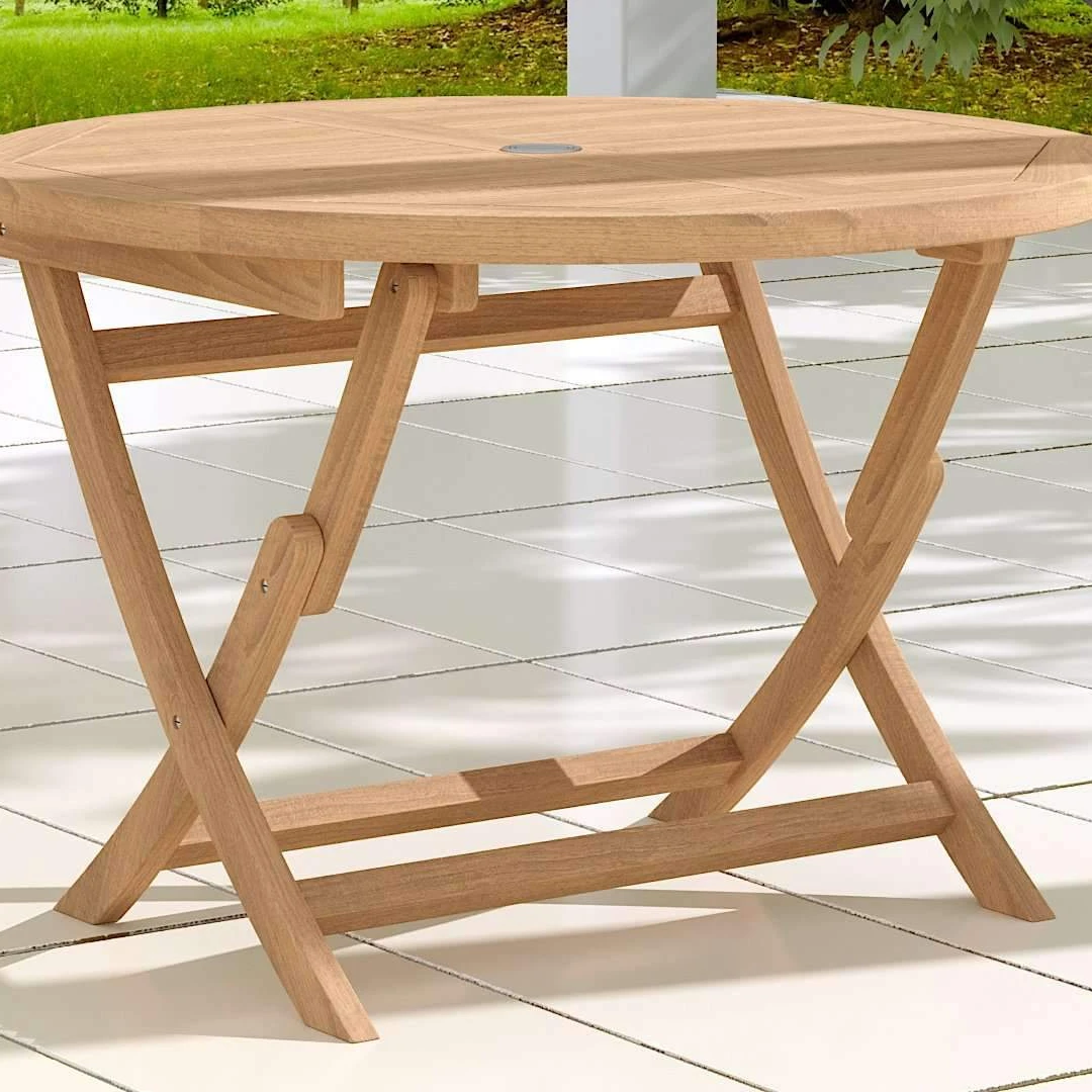 Yuna round folding garden table made of teak wood with natural finish ...