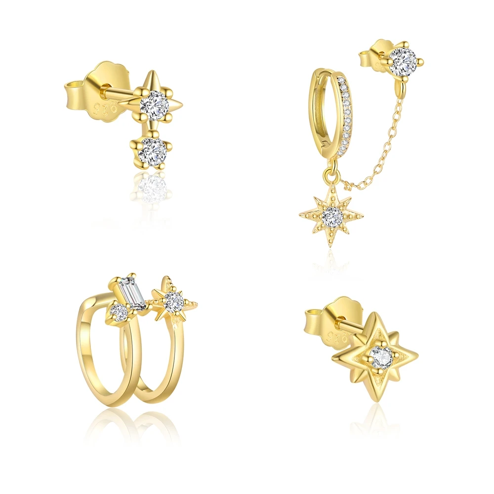 Fashion Jewelry 925 Sterling Silver Eight-pointed Star Zircon Dangle Drop Chain Tassel Stud Cuff ...