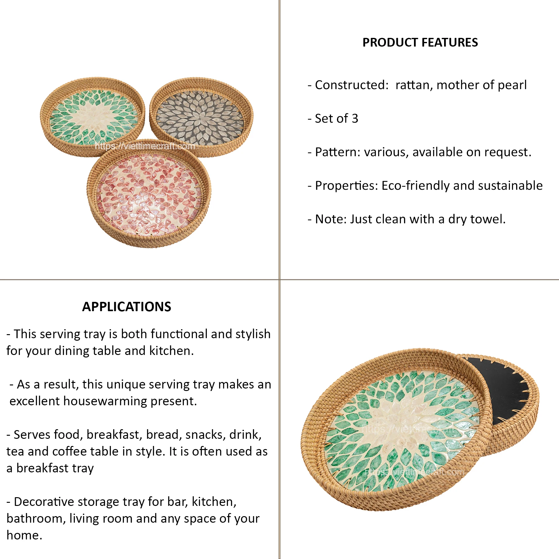 Decorative Serving Tray Set Of 3 Mother Of Pearl Tray Mix Rattan ...