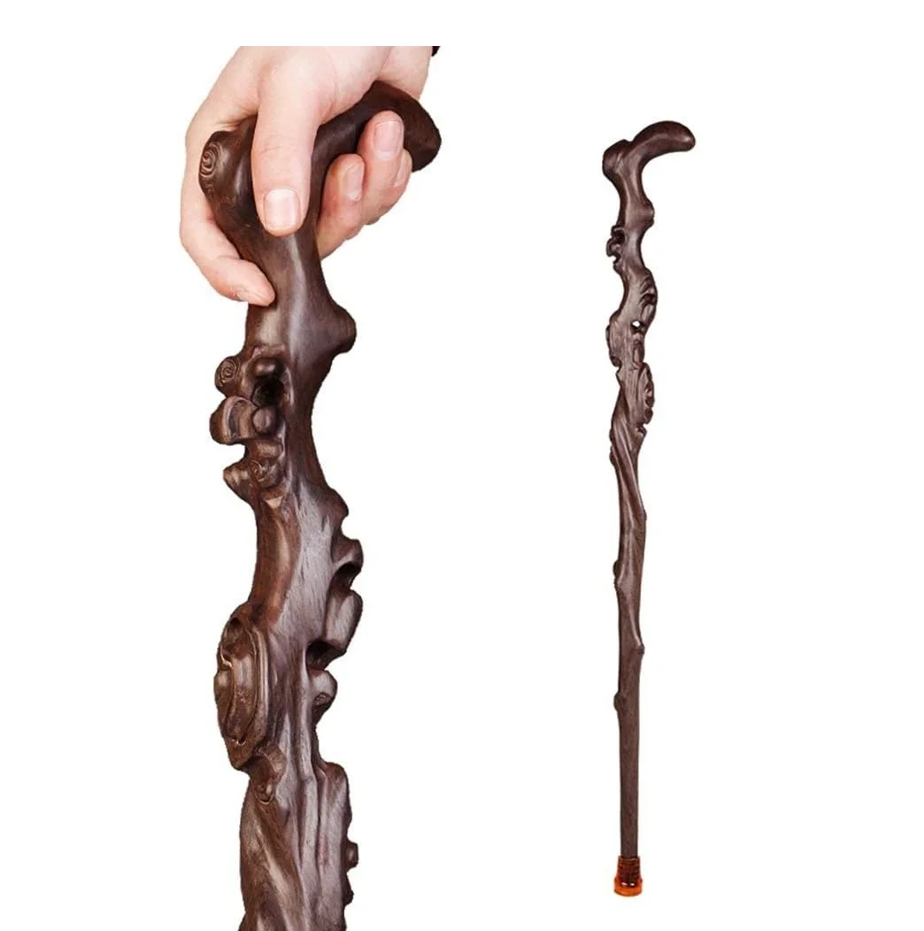 Wood Cane with Supportive Curved Handle Exquisite Carving Walking Canes ...