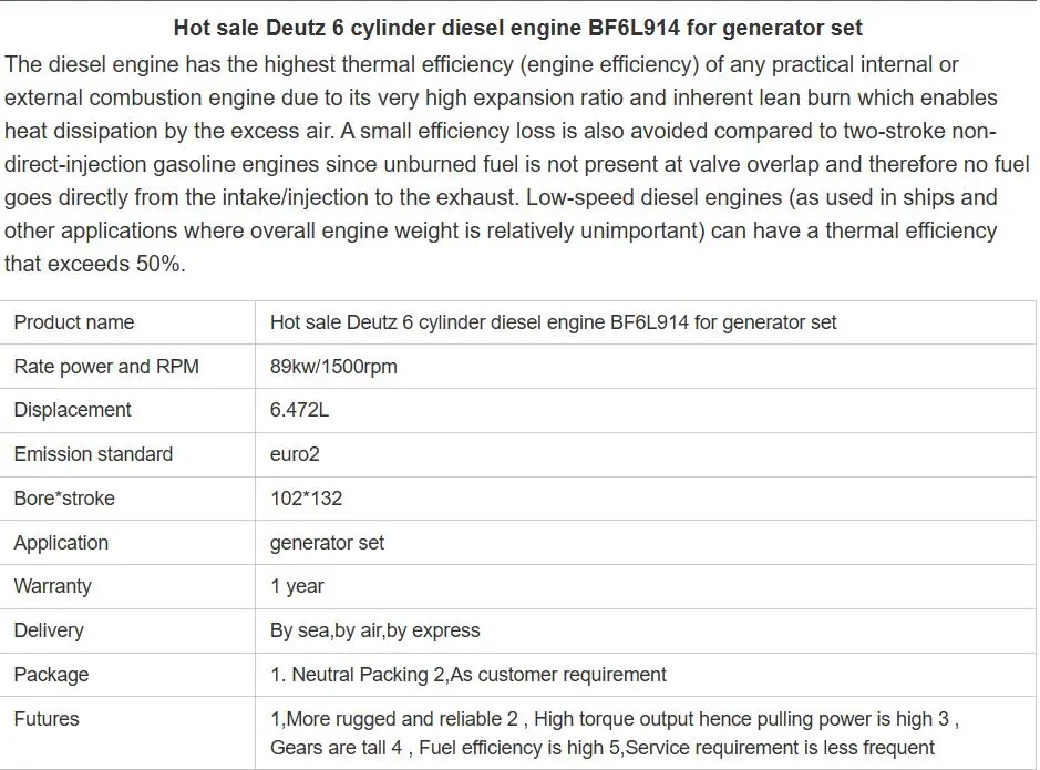 Hot Sale for Deutz BF6L914 6 Cylinder Diesel Engine Electric Start Air ...