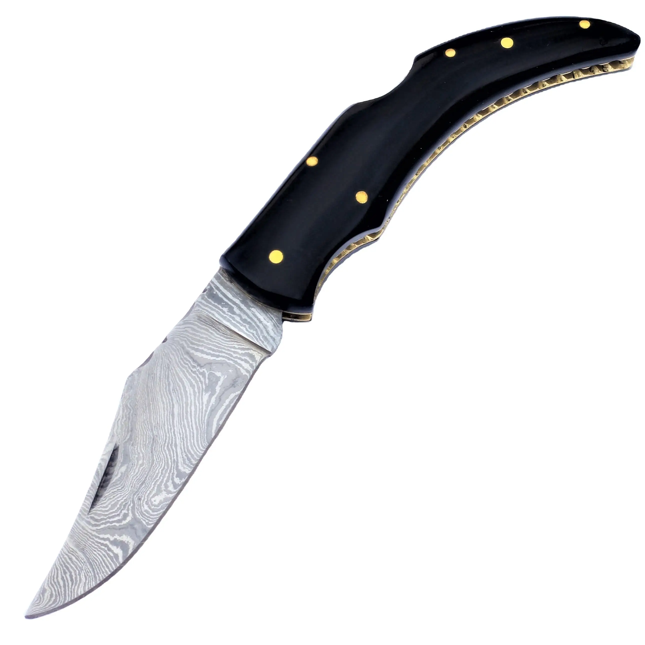 Damascus Steel Folding Blade Wooden Handle Premium Quality Camping ...