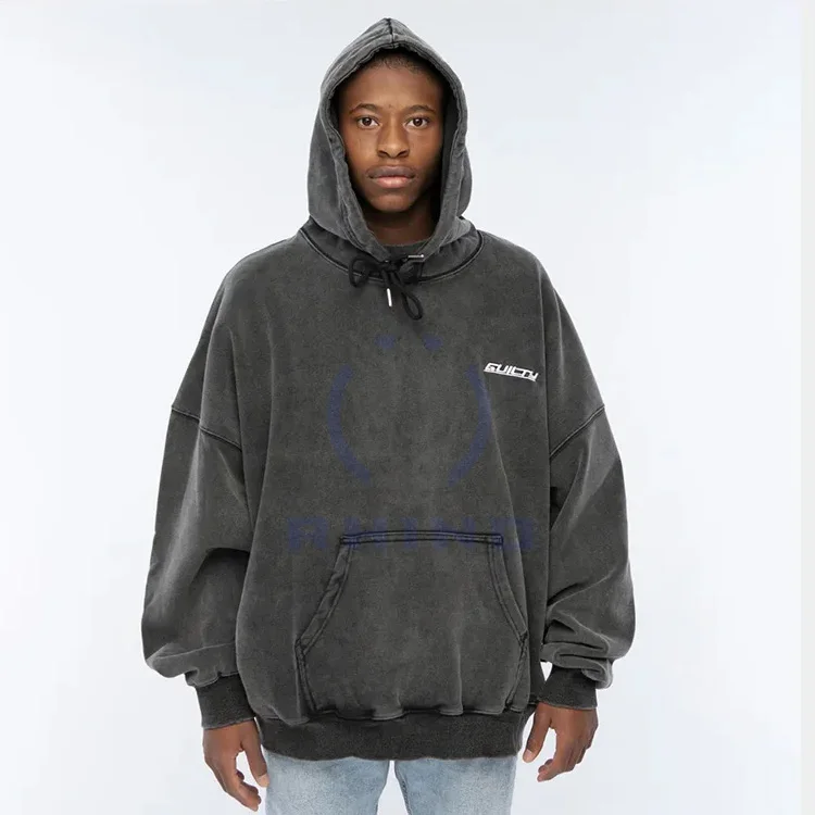 Oversized Acid Wash Black Hoodie Street Washed Men Custom Logo Loose ...