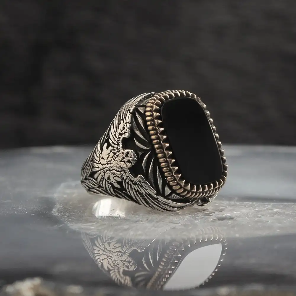 Square Aqeeq Stone Traditional Motif Turkish Men Ring 925 Silver ...
