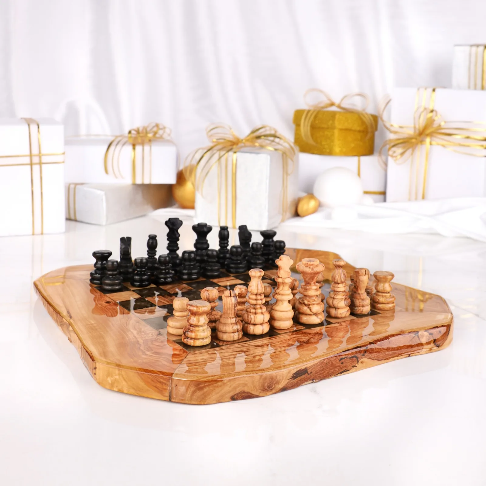 Glossy Handmade Olive Wooden Chess Set Board - Complete With Artisan ...