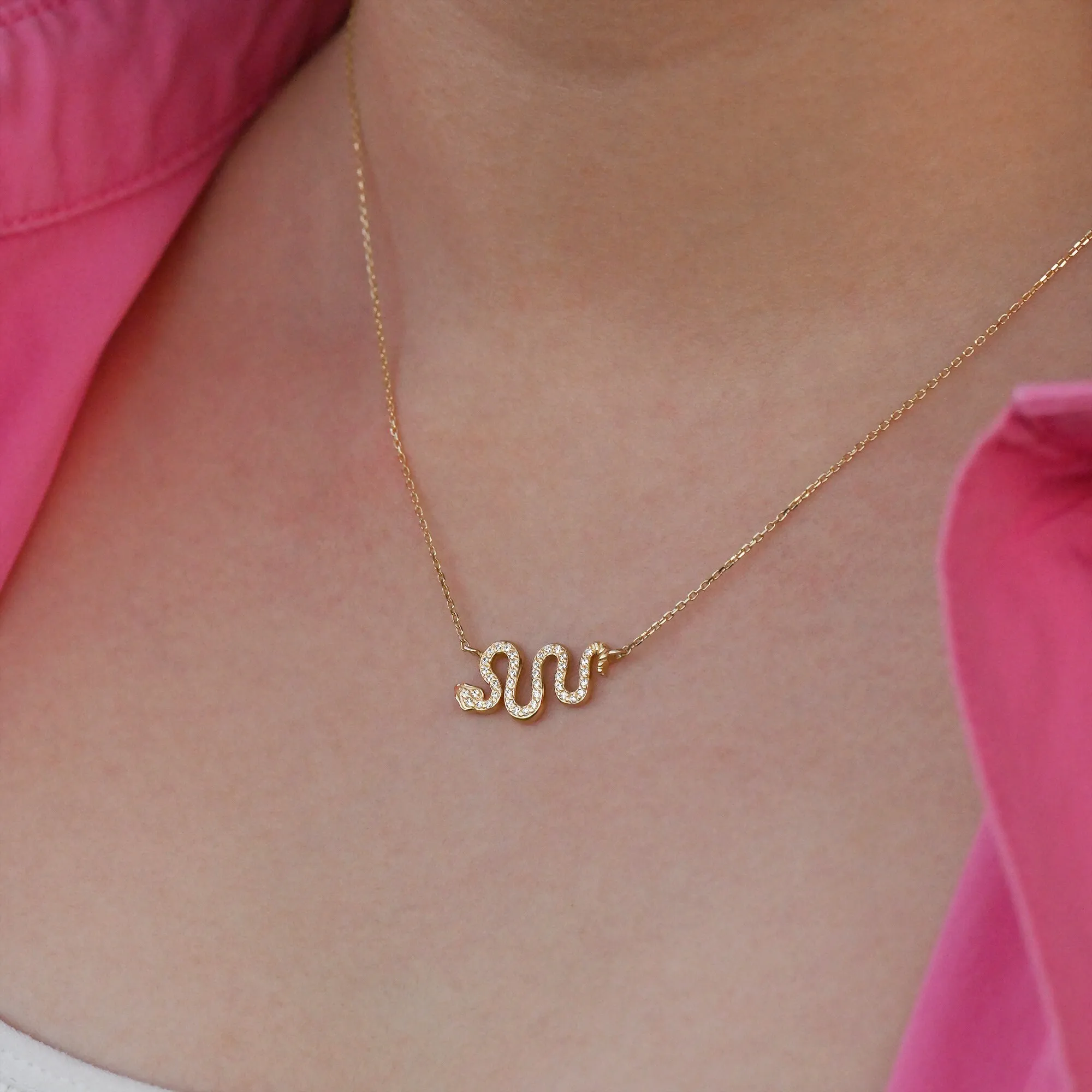 14k Solid Gold Diamond Snake Delicate Animal Pendant Necklace ...